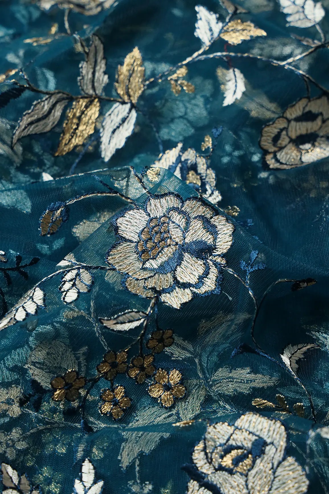 Heavy Floral Beige And Rama Thread Work Embroidery On Rama Soft Net Fa