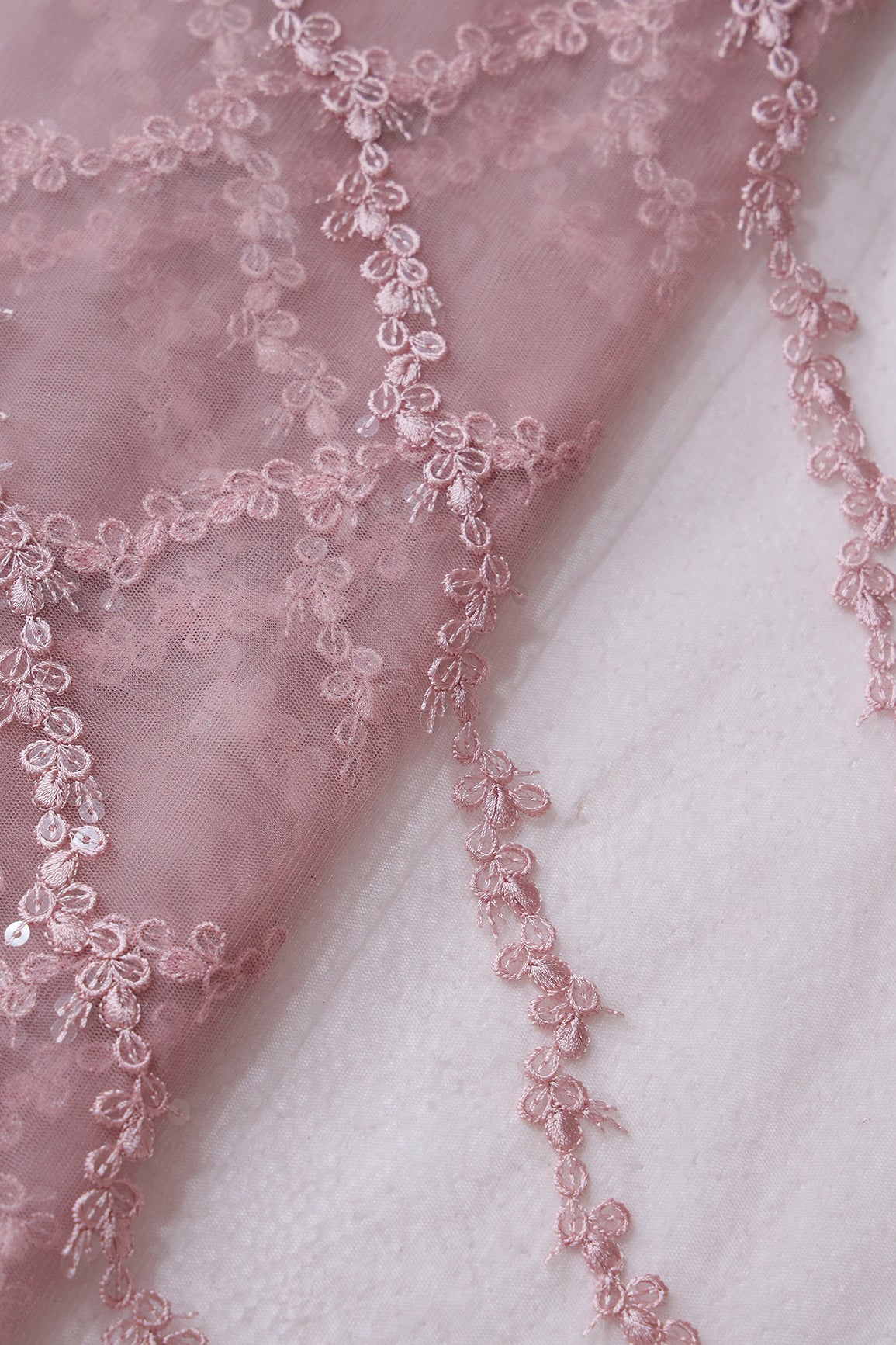 Mauve Thread With Sequins Strip Embroidery Work On Mauve Soft Net Fabr