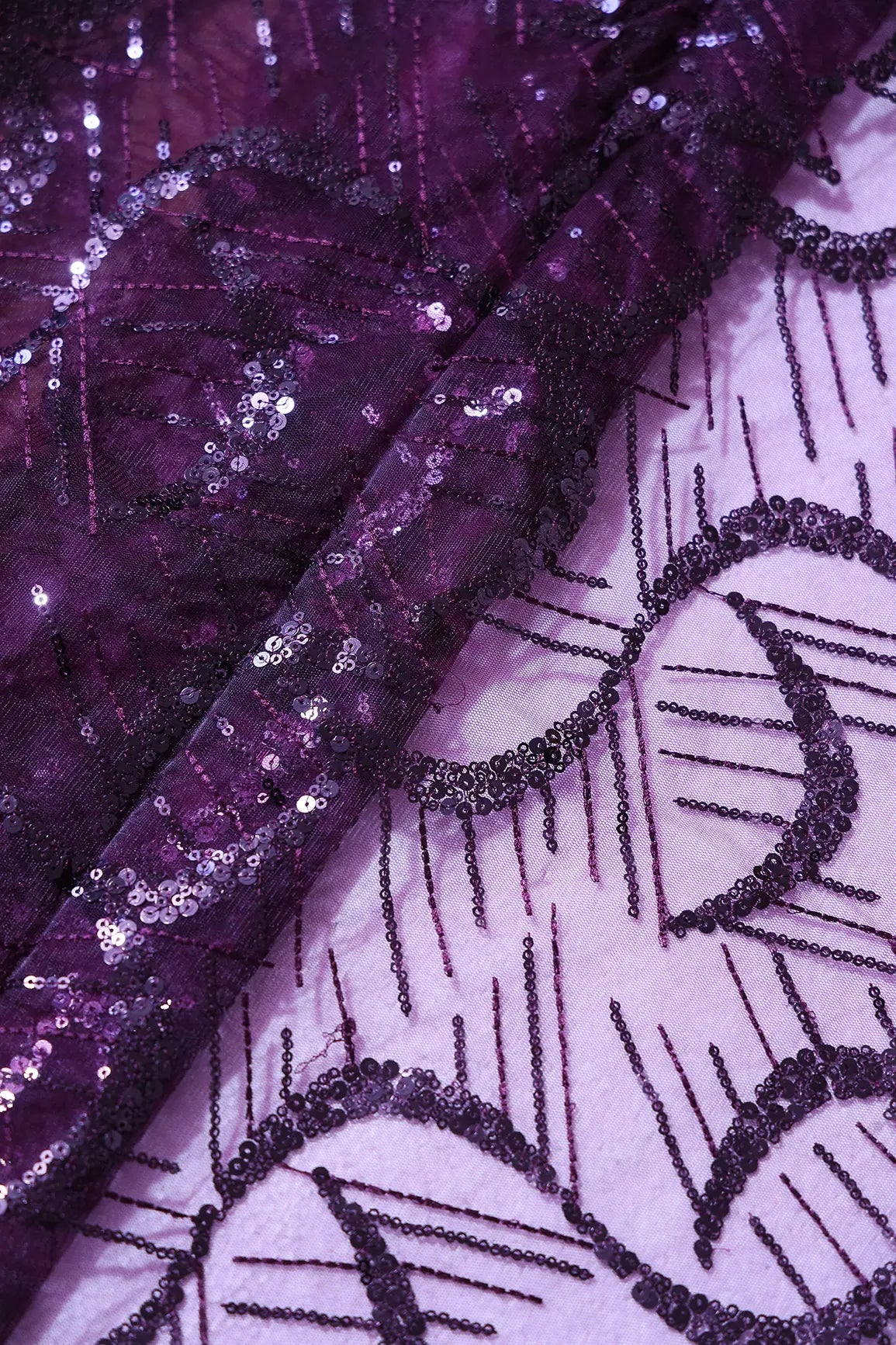 1.50 Meter Cut Piece Of Wine Sequins Work Embroidery On Wine Soft Net