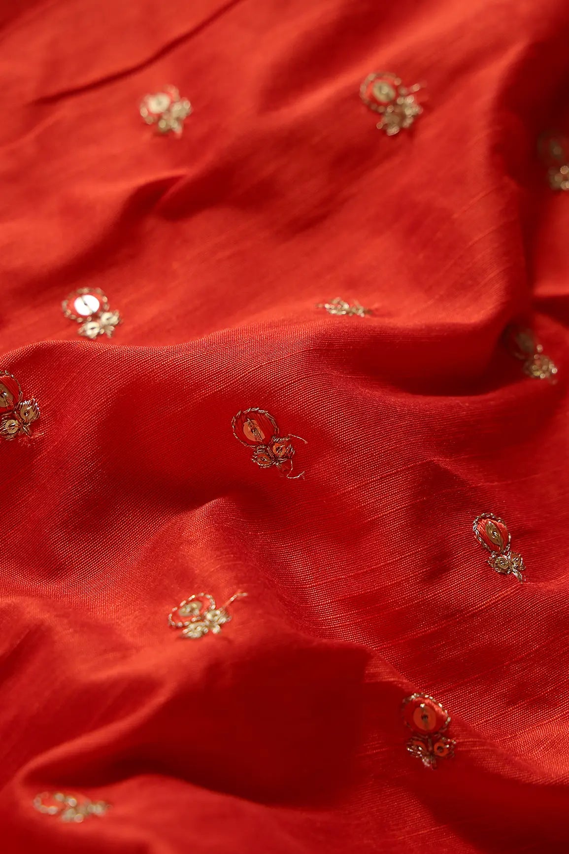 Orange Thread With Gold Sequins Small Floral Booti Embroidery On Orang