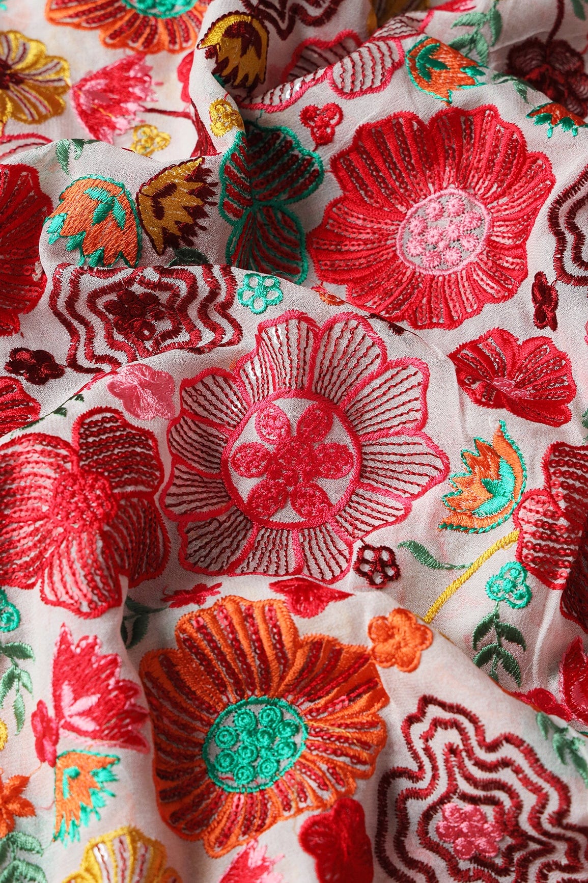 Attractive Multi Color Thread With Sequins Floral Embroidery On White