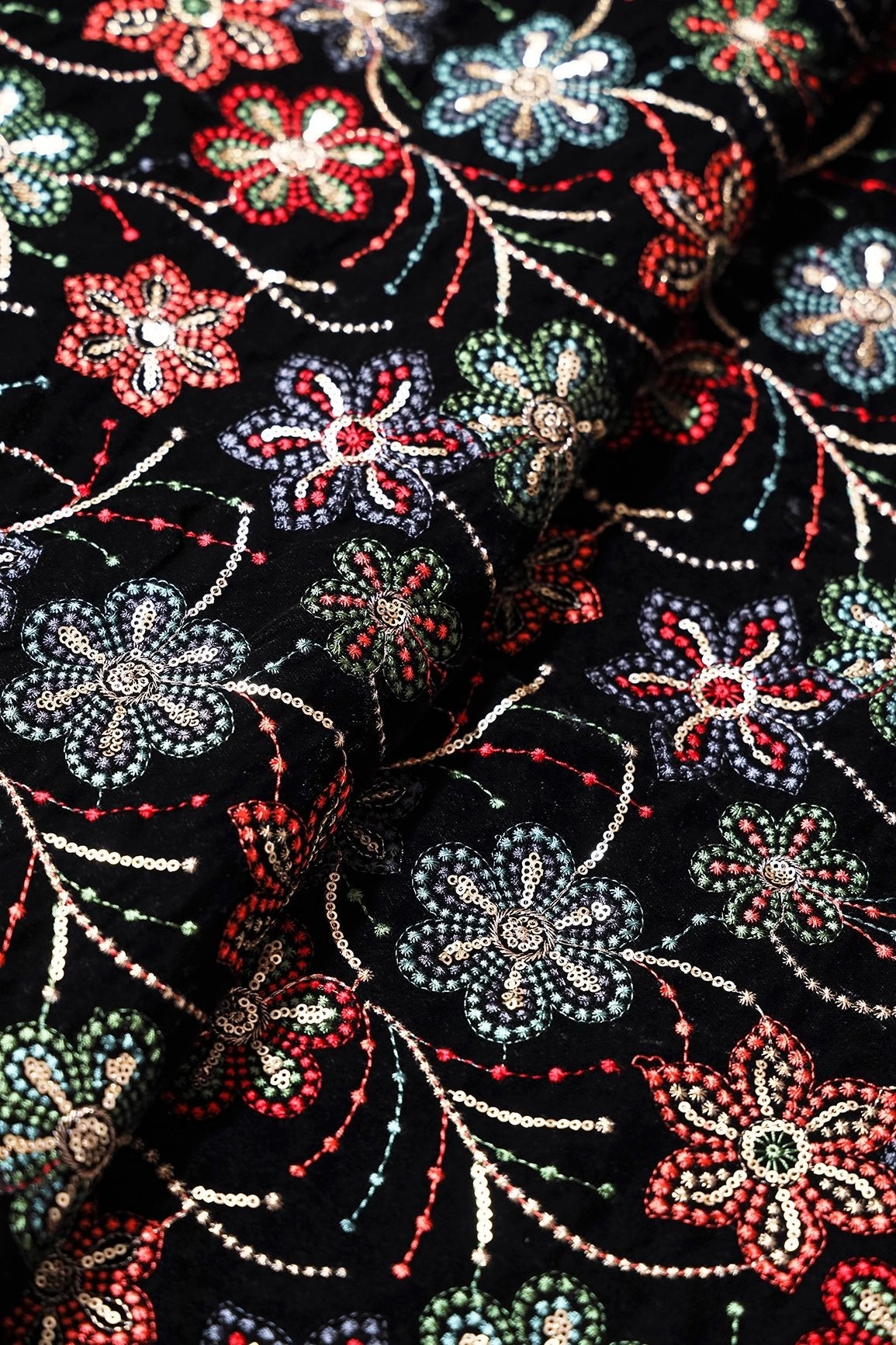 Beautiful Multi Color Thread With Sequins Floral Embroidery Work On Bl