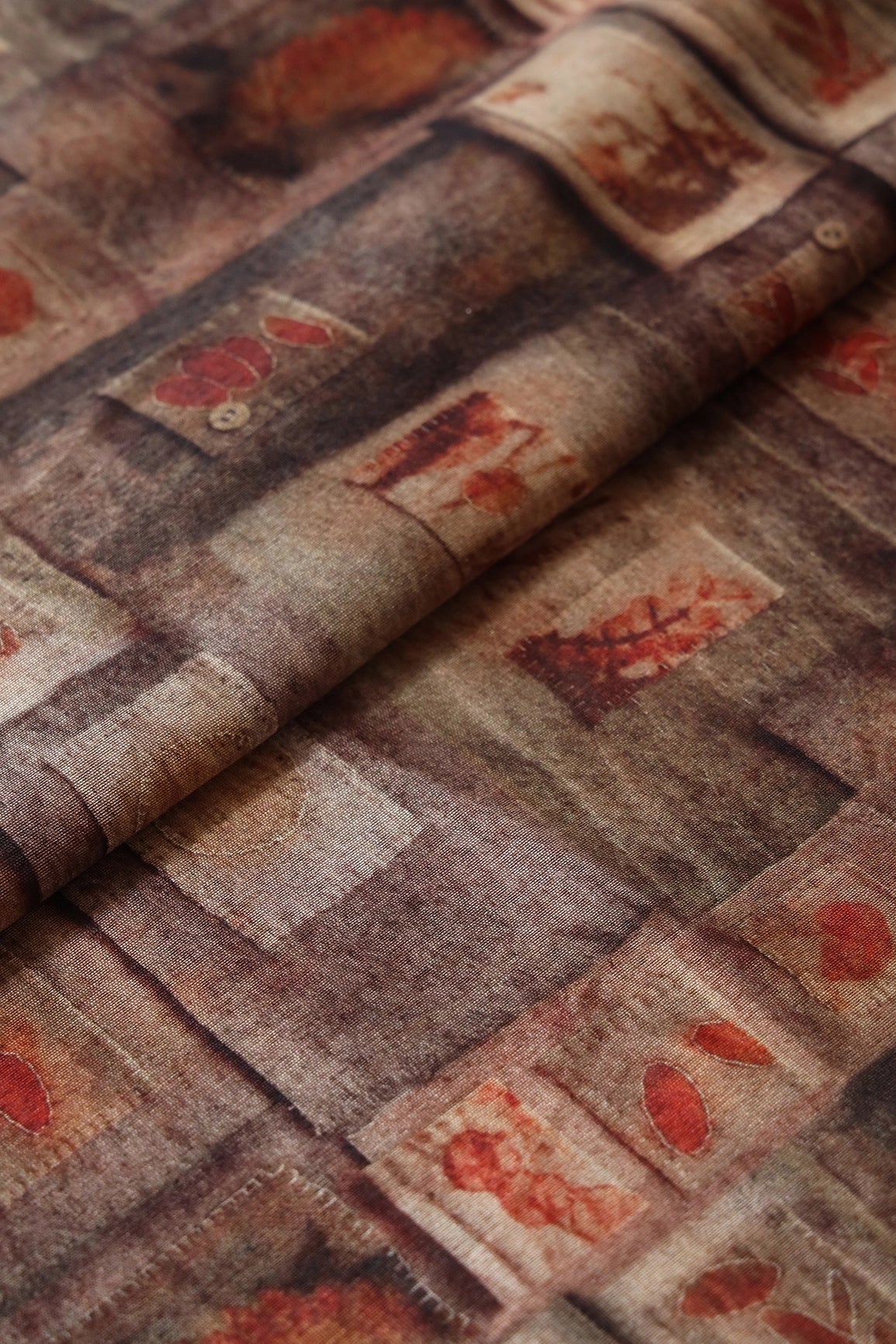 Brown And Cream Geometric Pattern Digital Print On Mulberry Silk Fabri