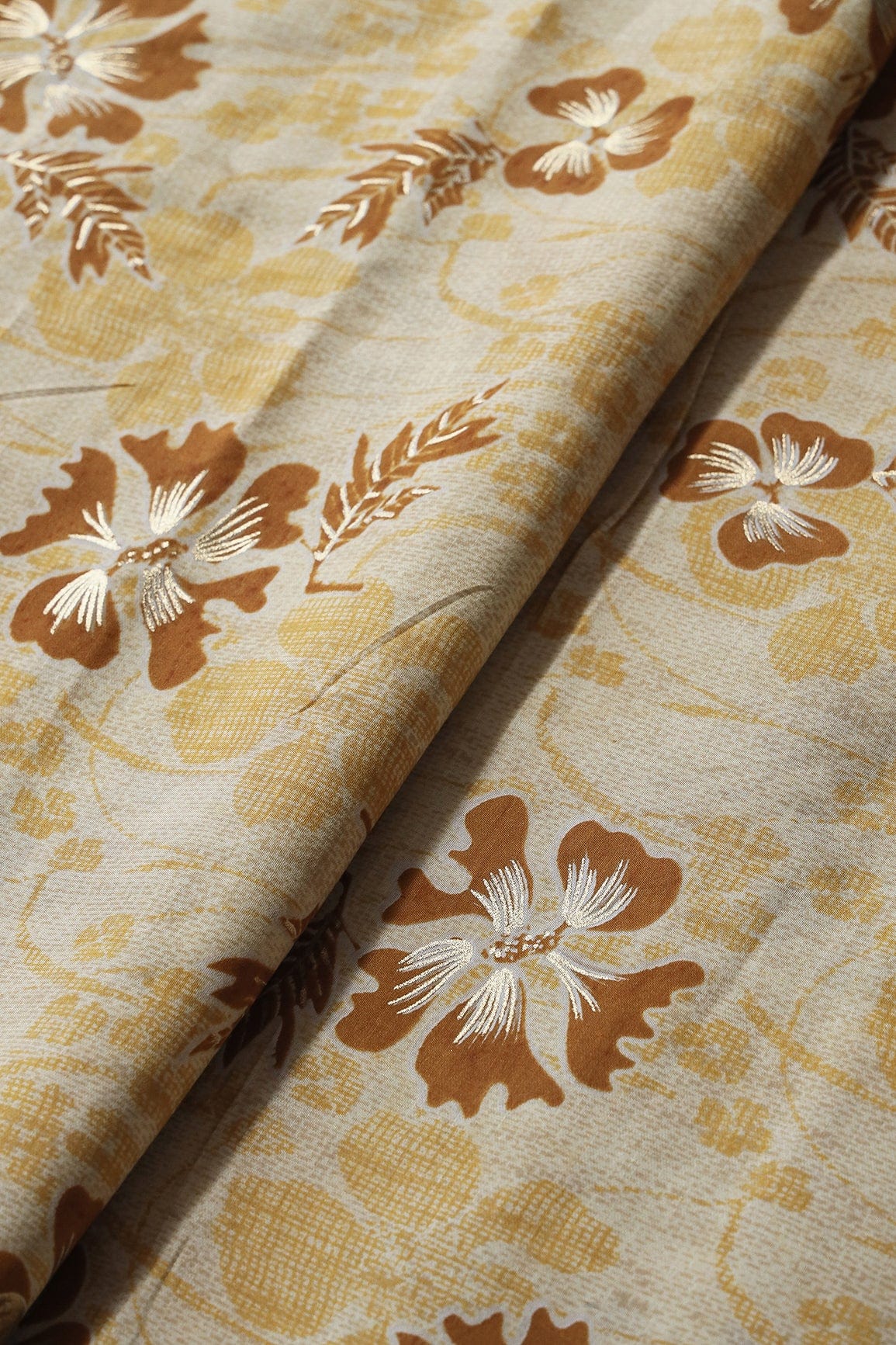 Cream And Light Brown Floral Foil Print On Viscose Chanderi Silk Fabri