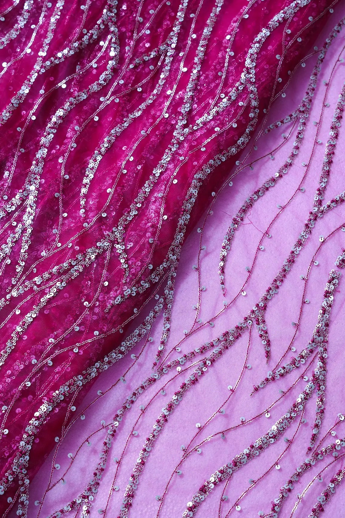 Gold And Silver Sequins With Fuchsia Thread Wavy Embroidery Work On Fu