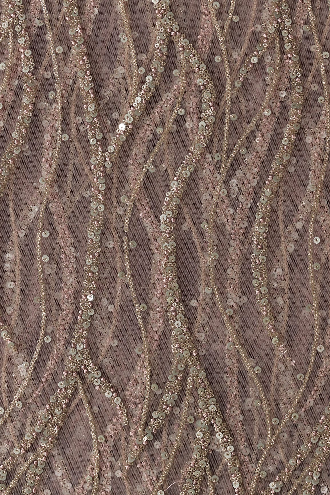 Gold And Silver Sequins With Mauve Thread Wavy Embroidery Work On Mauv
