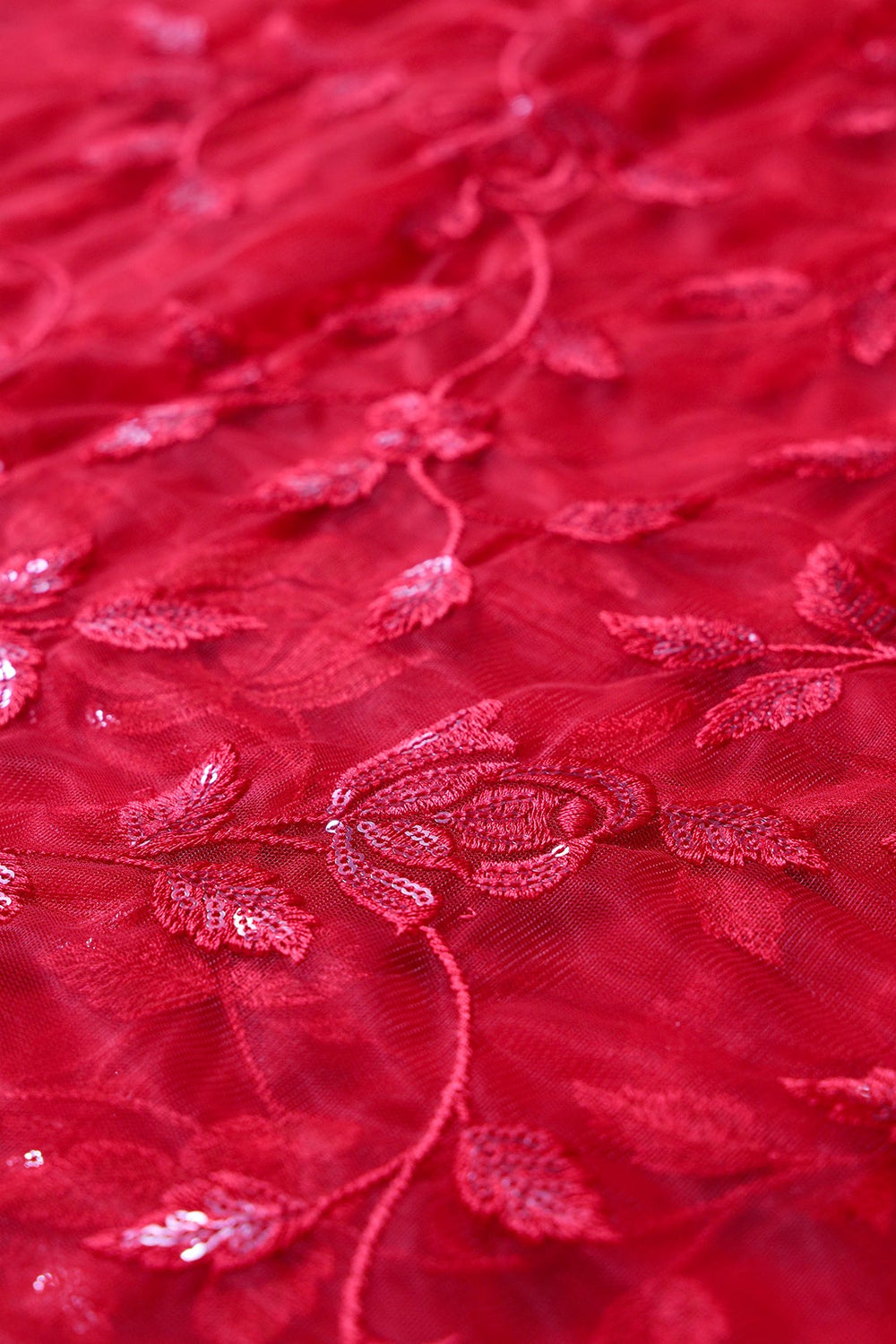 Gorgeous Red Thread With Sequins Floral Leafy Embroidery On Red Soft N