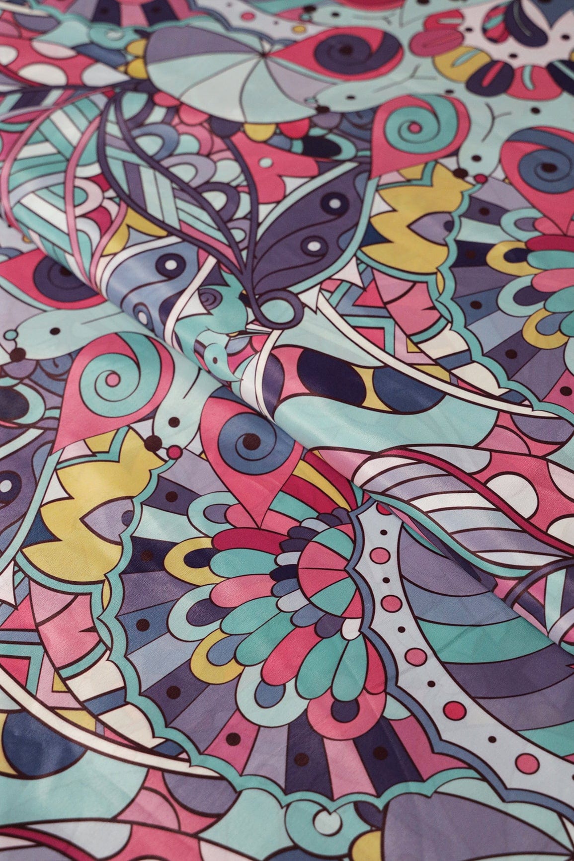 Multi Color Quirky Pattern Digital Print On Crepe Fabric