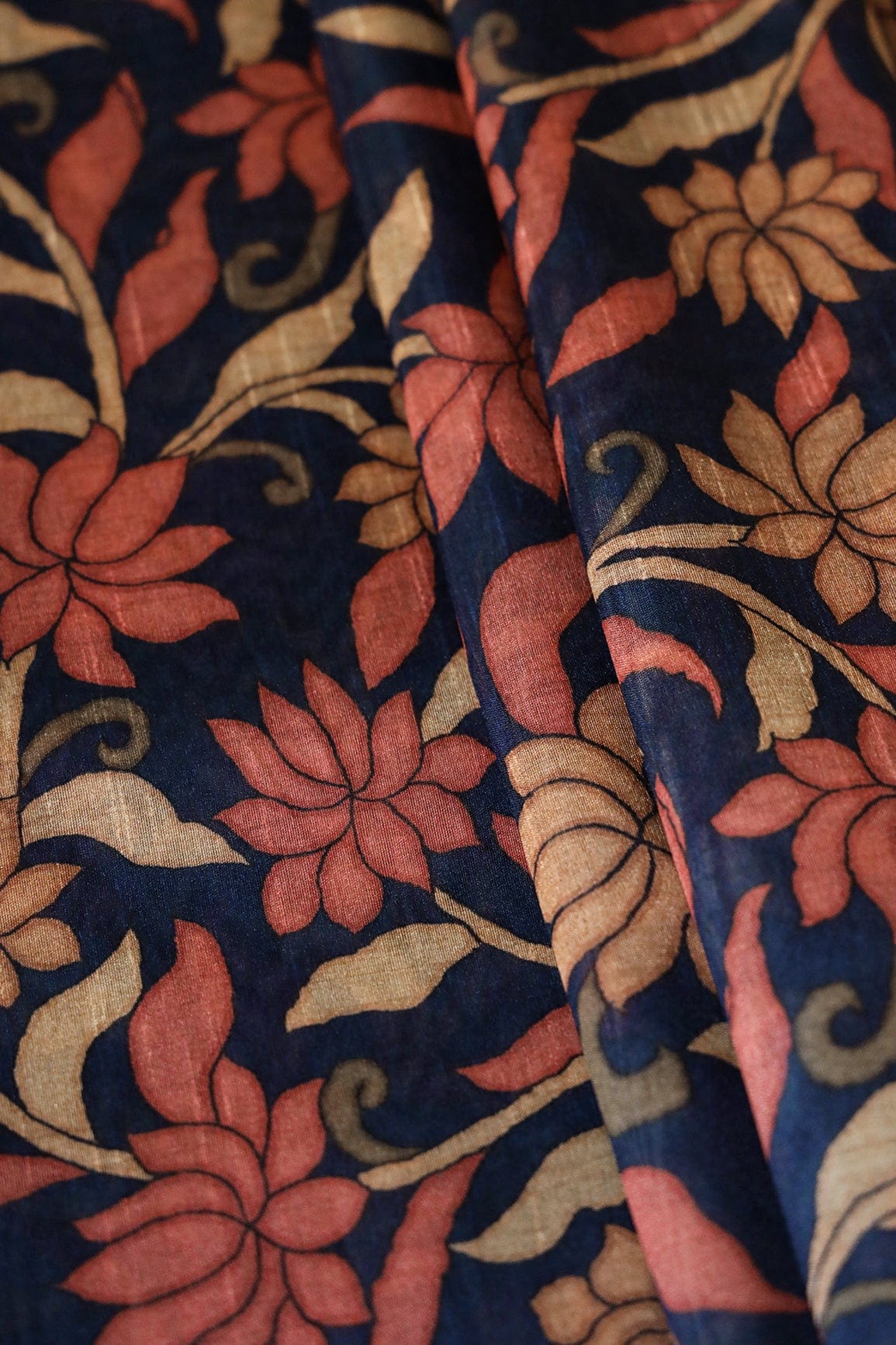Navy Blue Floral Pattern Digital Print On Mulberry Silk Fabric