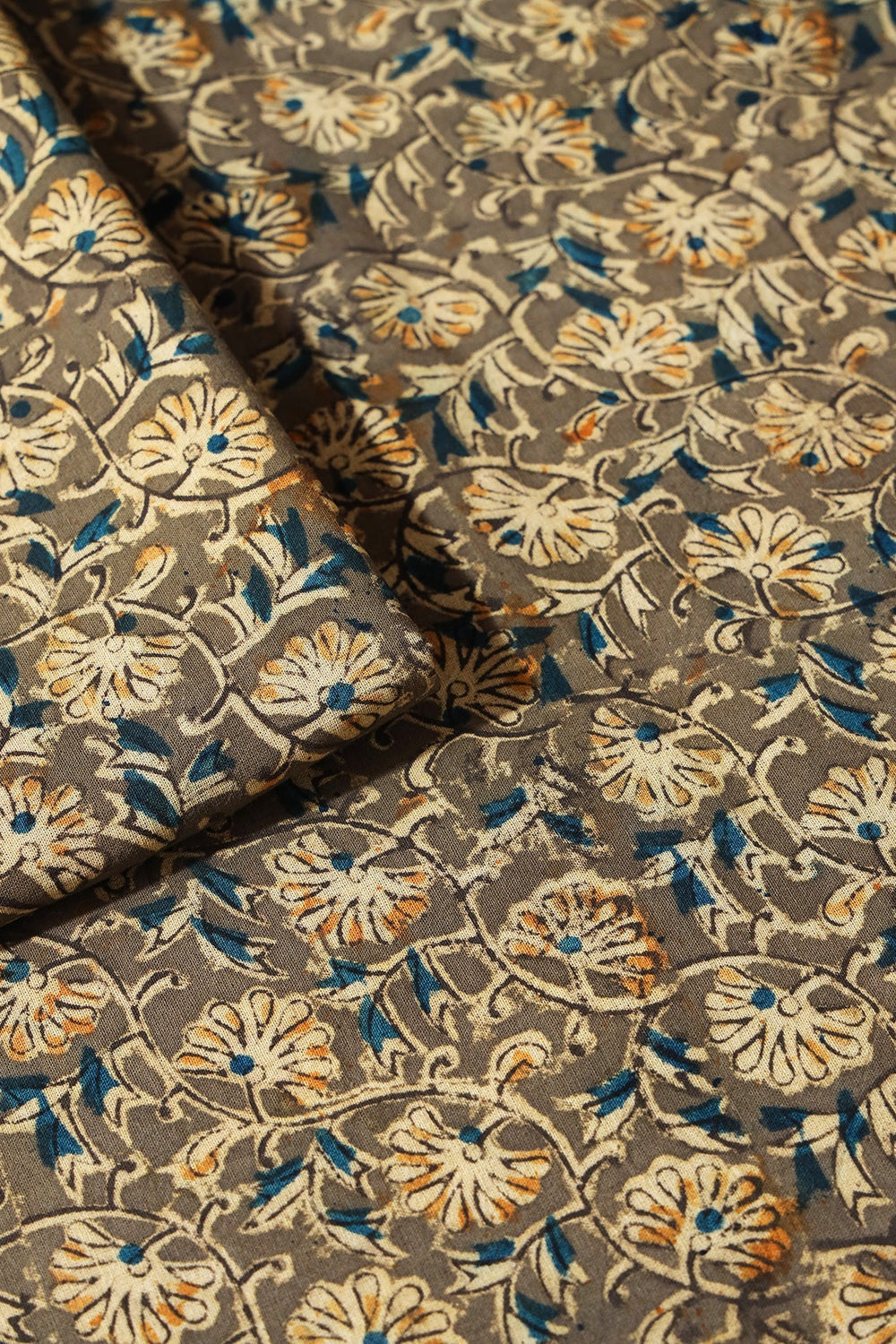 Olive And Light Beige Floral Pattern Handblock Kalamkari Organic Cotto