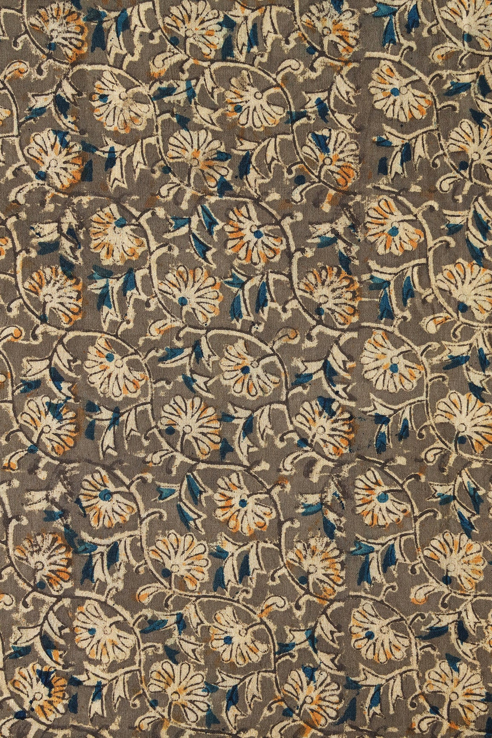 Olive And Light Beige Floral Pattern Handblock Kalamkari Organic Cotto