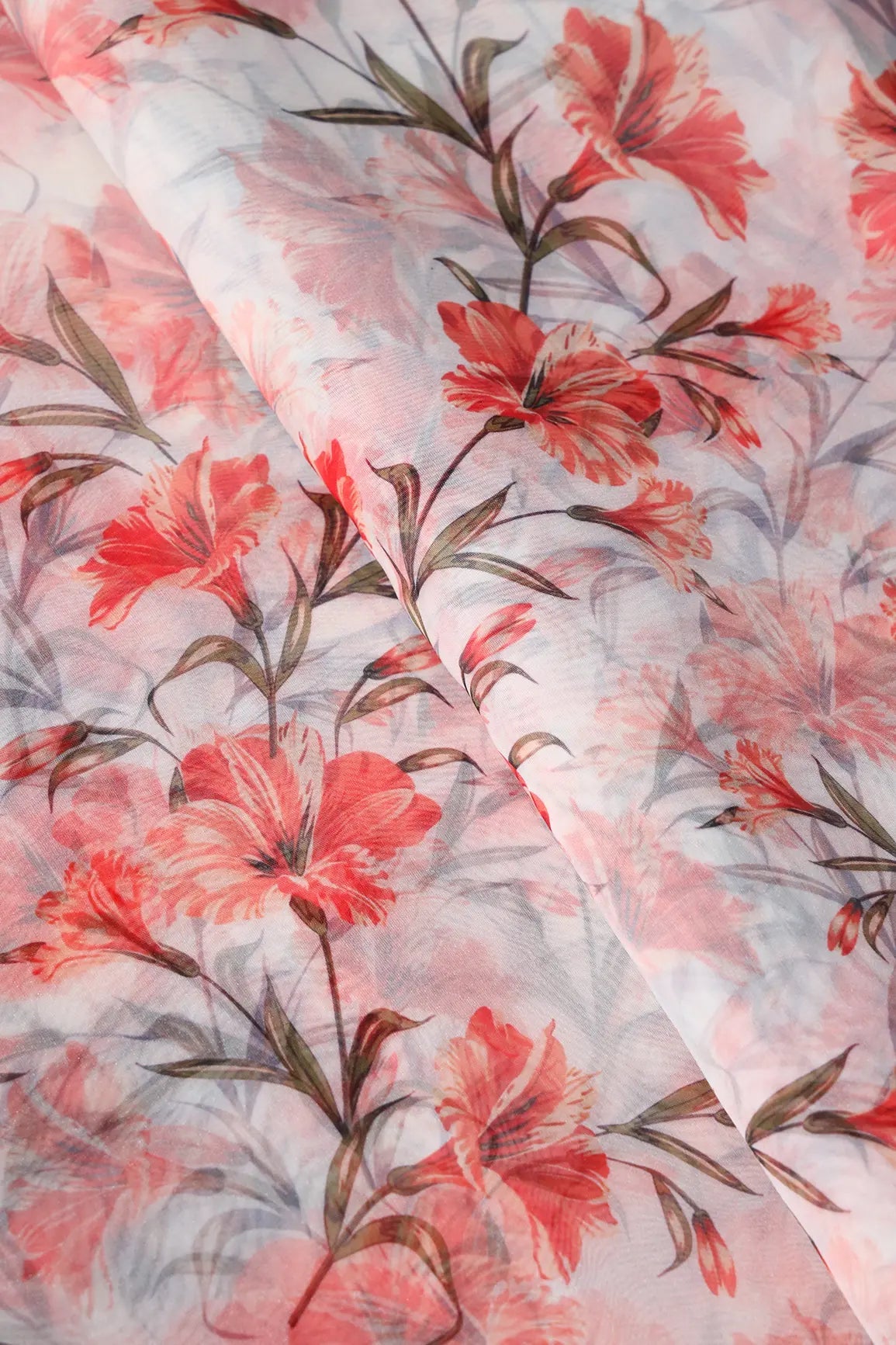 Red Floral Pattern Digital Print On White Organza Fabric
