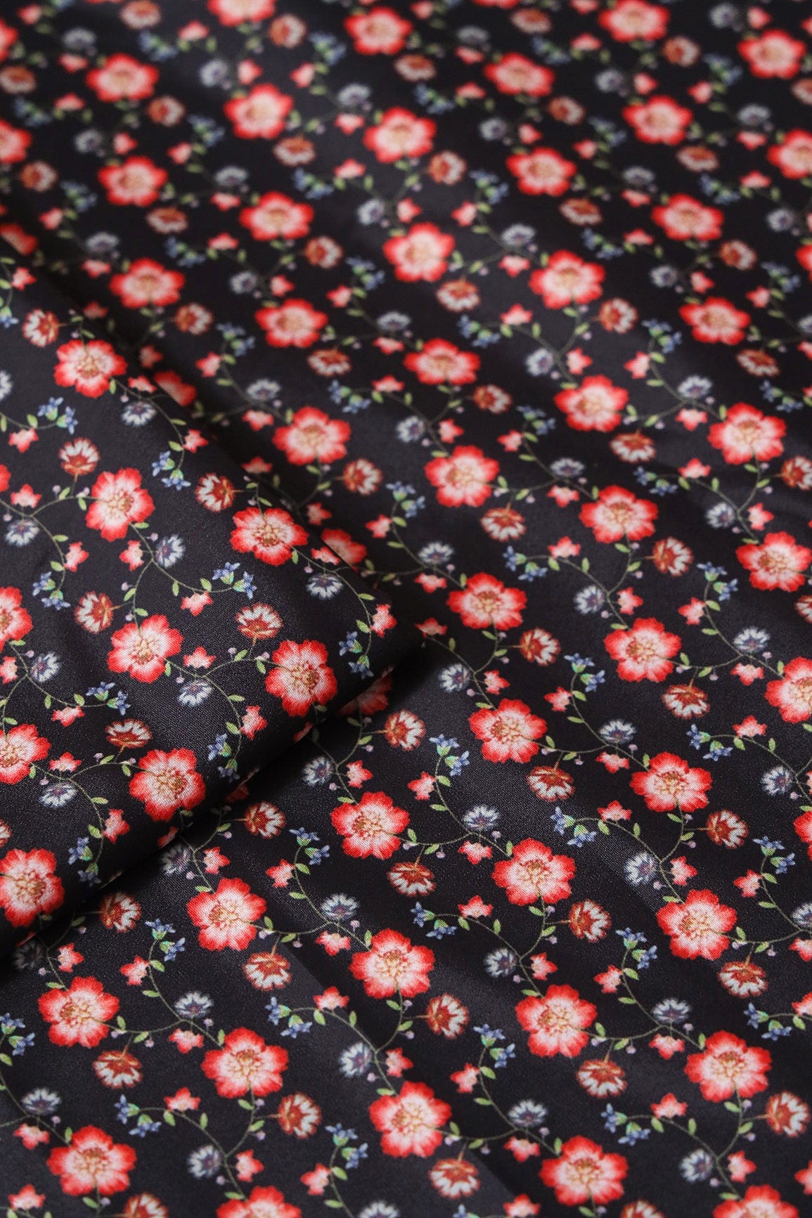 Red Small Floral Pattern Digital Print On Black French Crepe Fabric